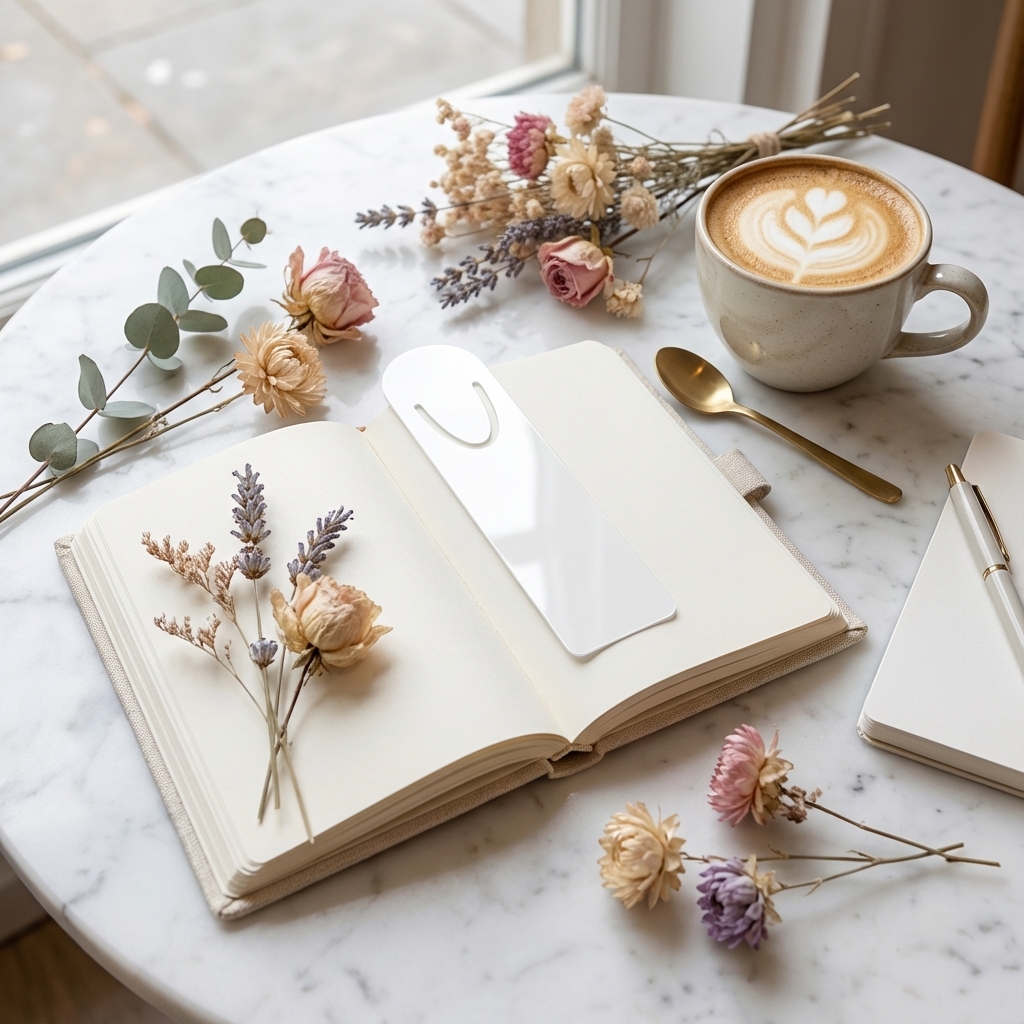 Elegant Glossy Bookmark Mockup on Marble Café Table | CopiéCollé
